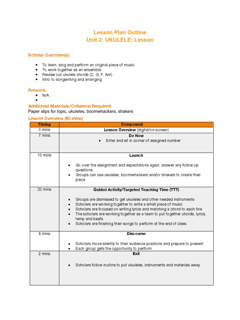 Lesson Plan Outline Unit 2: UKULELE: Lesson: Scholar Outcome(s) | PDF ...