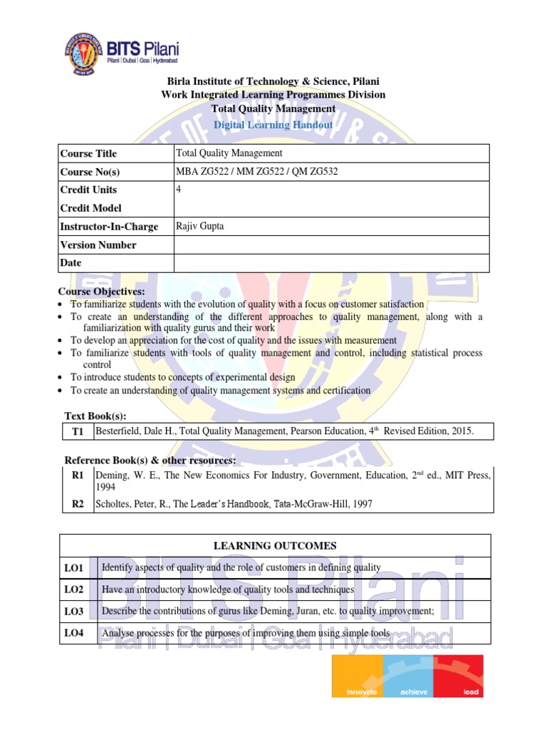 Course Handout | PDF | Quality Management | Quality Management System