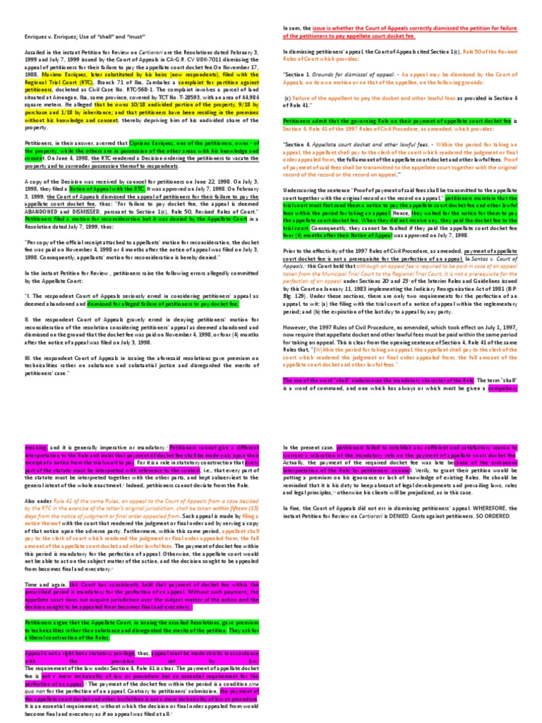 Failure of The Appellant To Pay The Docket and Other Lawful Fees | PDF ...