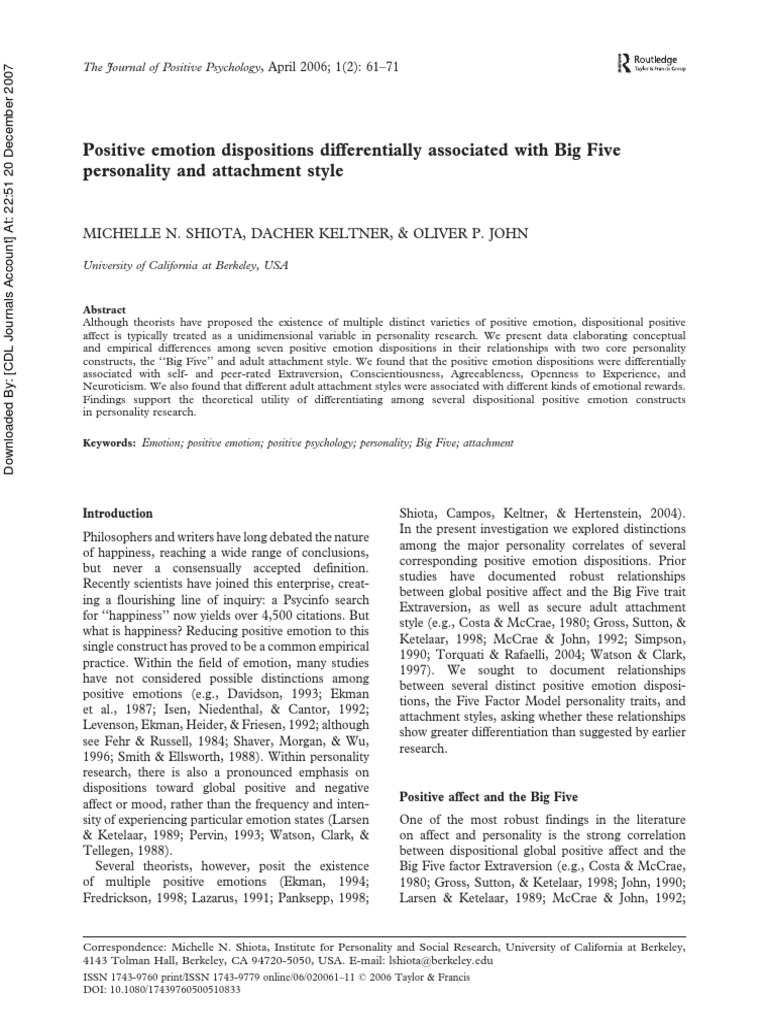 Shiota 2006 PDF | PDF | Attachment Theory | Extraversion And Introversion