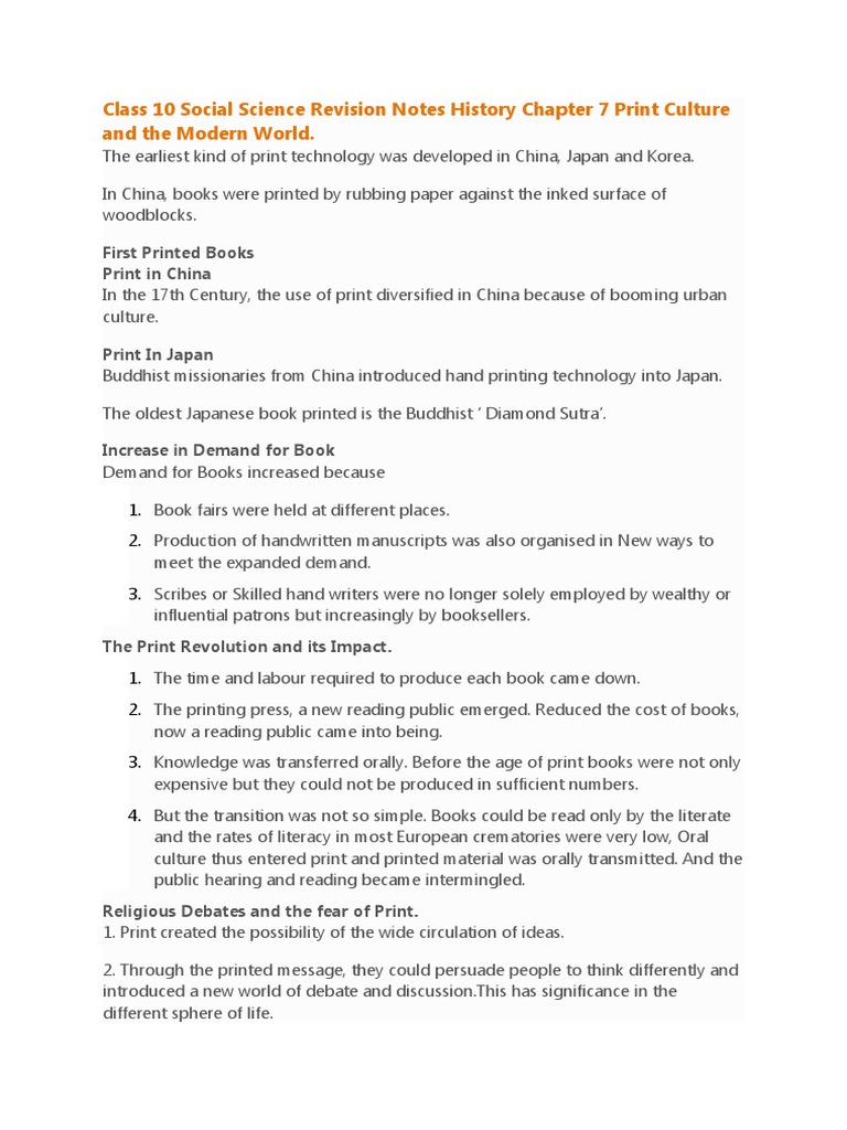 Print Culture Notes Class 10 | PDF | Printing | Books