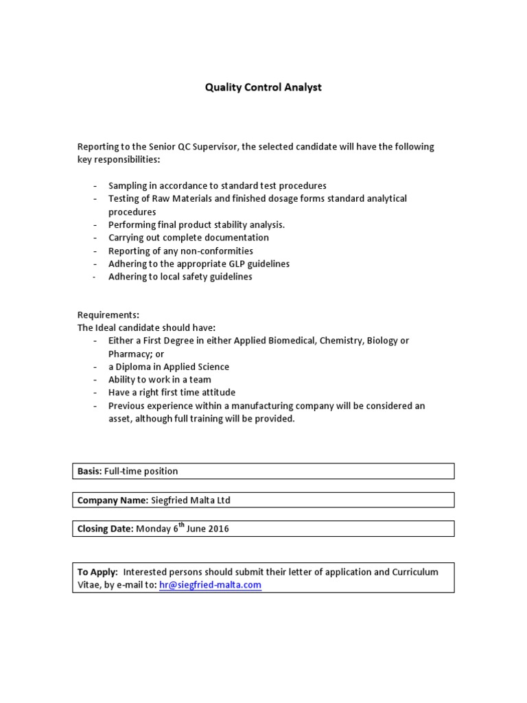 Quality Control Analyst: Basis: Full-Time Position Company Name ...