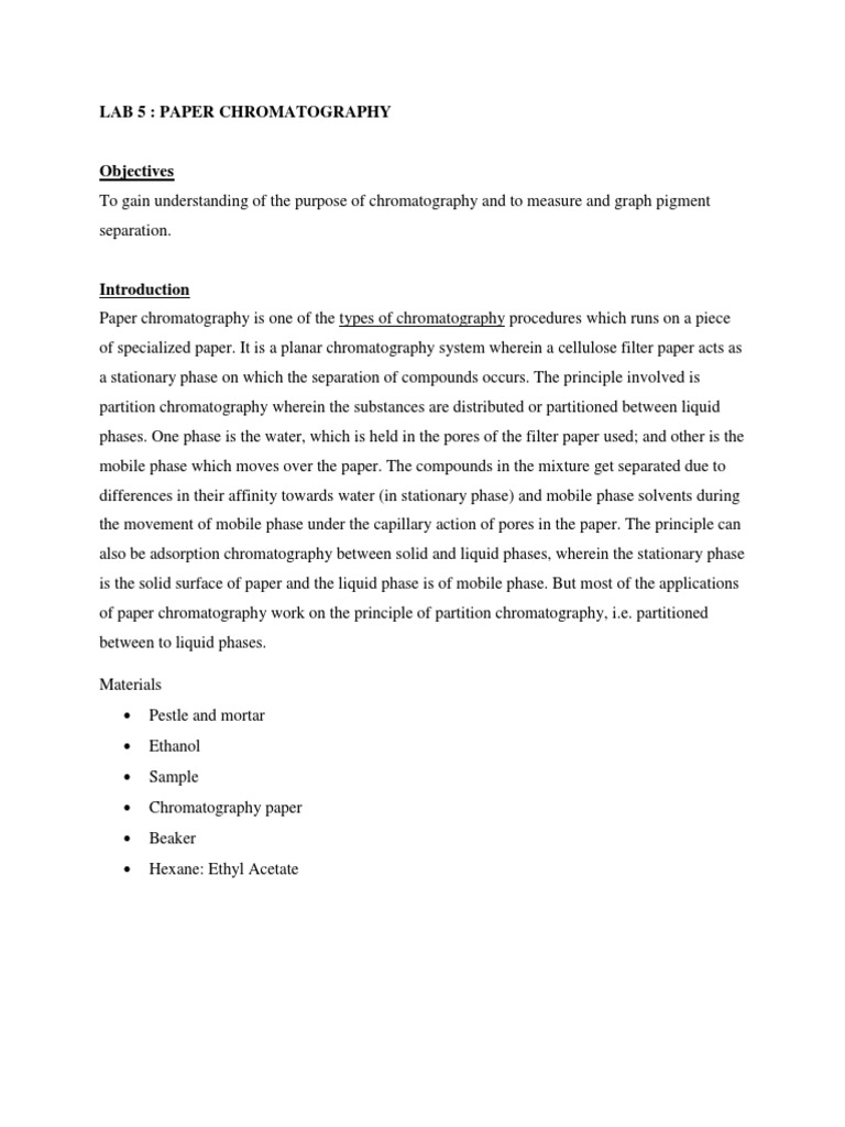 LAB 5: CHROMATOGRAPHY OF PLANT PIGMENTS | PDF | Chromatography | Thin ...