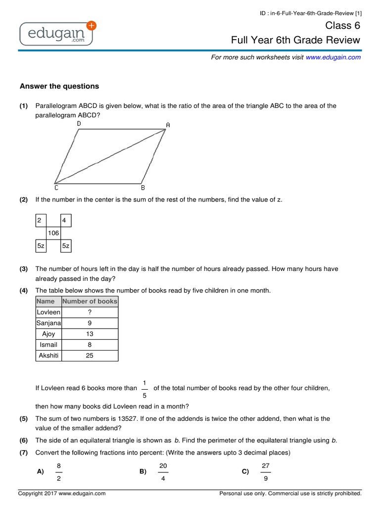 Grade 6 Maths Practice Test | PDF | Fraction (Mathematics) | Area