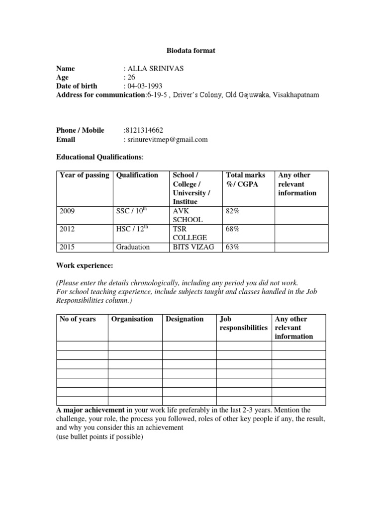 Comprehensive Biodata Format Template | PDF