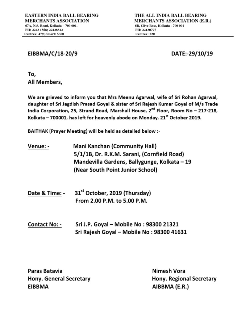 Condolence Circular Trade India Corporation 29.10.19 PDF | PDF