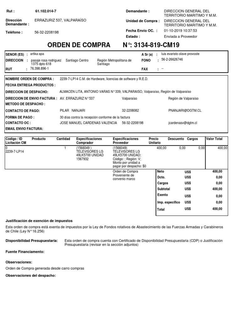 Orden De Compra N°: 3134-819-CM19: Rut: Demandante: 61.102.014-7 ...