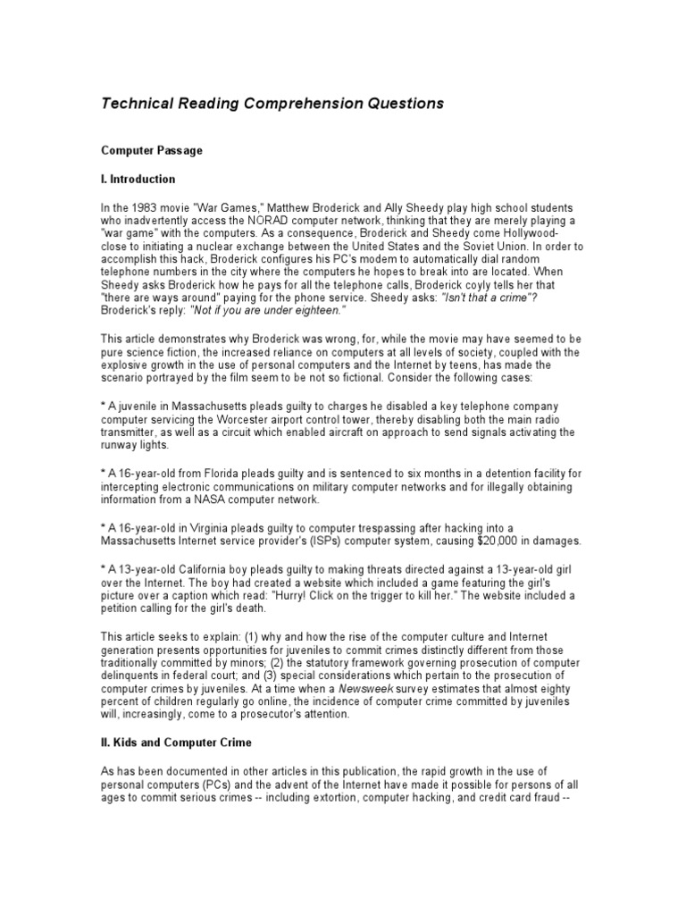 Technical Reading Comprehension Questions | PDF | Juvenile Delinquency ...