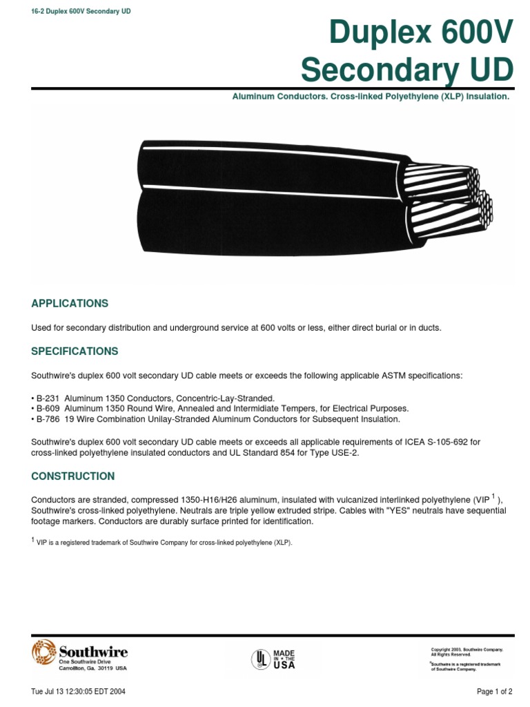 Duplex 600V Secondary UD: Applications | PDF | Electrical Conductor | Wire