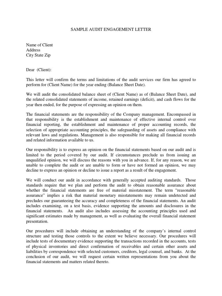 Sample Audit Engagement Letter | PDF | Audit | Financial Statement