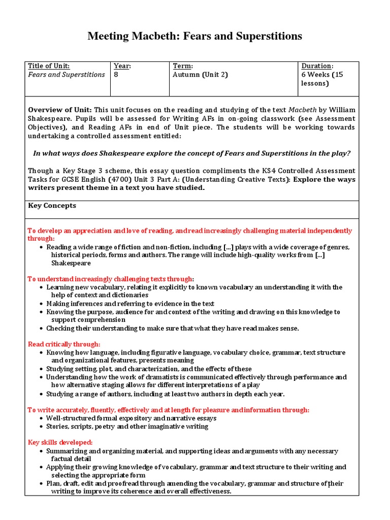 Macbeth: Fears and Superstitions Unit | PDF | Macbeth | Vocabulary