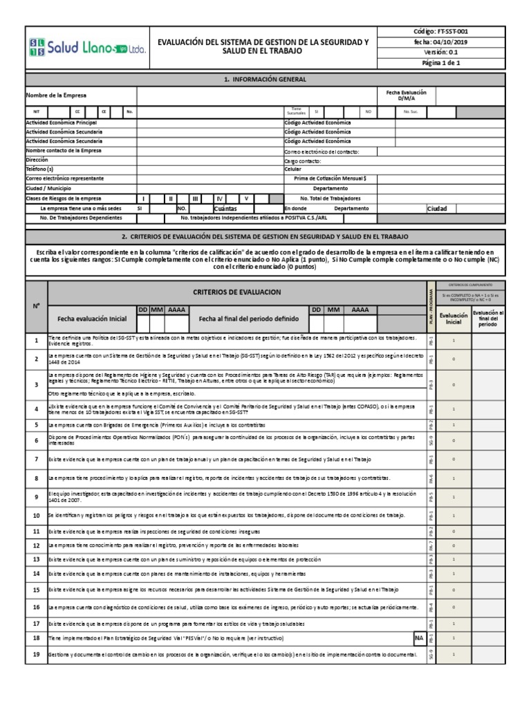 Formato Evaluación Del Sistema de Gestión de La Seguridad y Salud en El Trabajo | Seguridad y ...