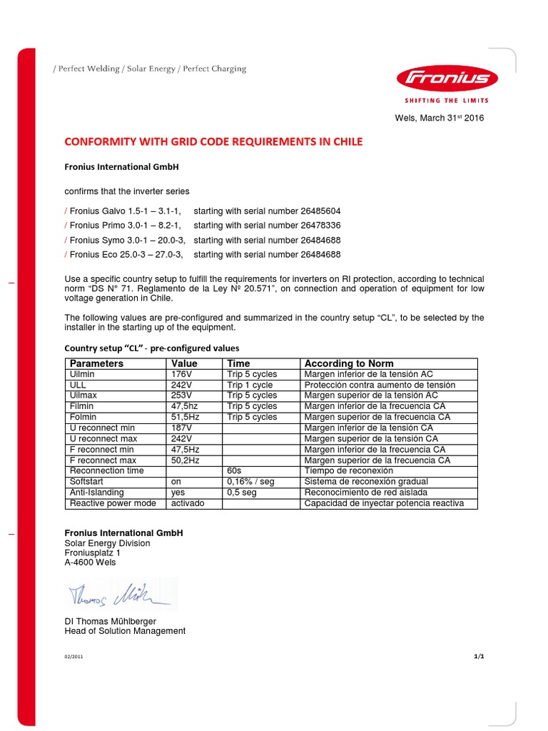 SE CER Self Decleration Setup Chile Fronius Eco Galvo Primo Symo en | PDF | Naturaleza