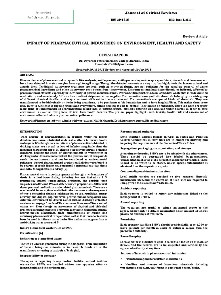 Impact of Pharmaceutical Industries On Environment, Health and Safety ...