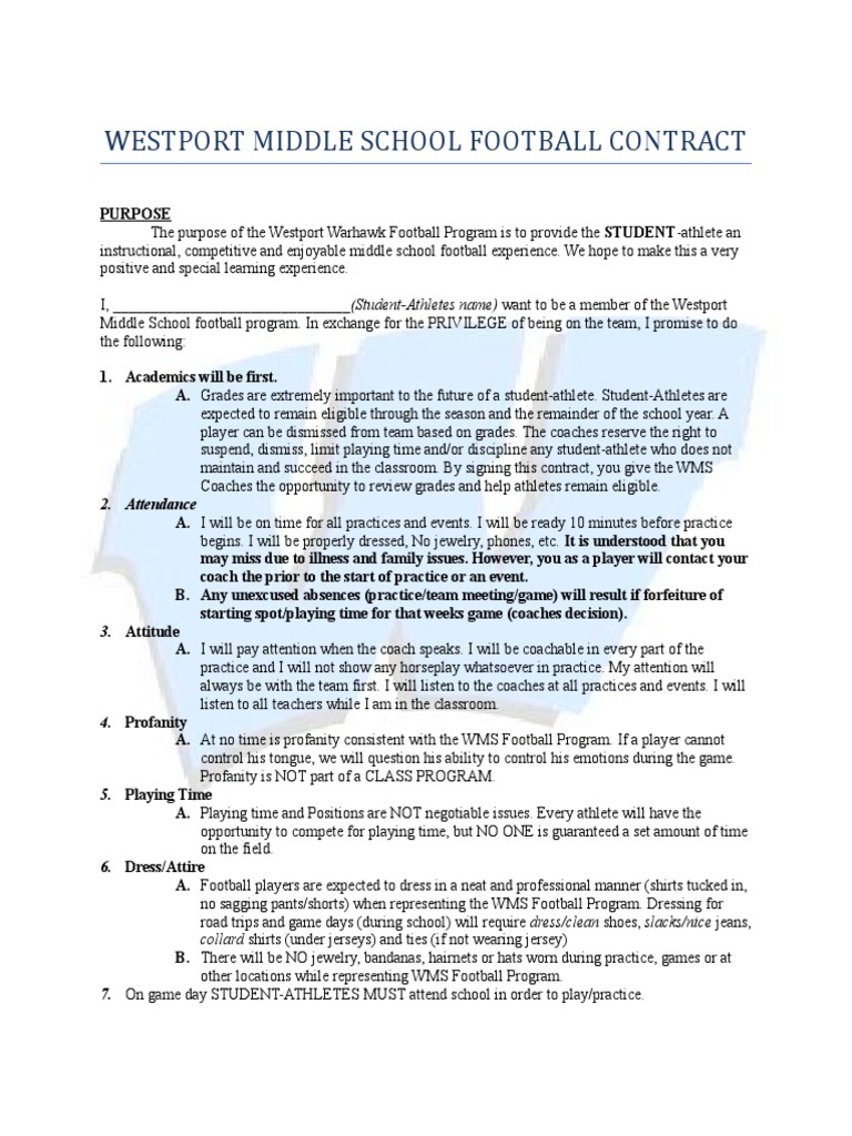 Westport Middle School Football Contract: 2. Attendance | PDF | Clothing