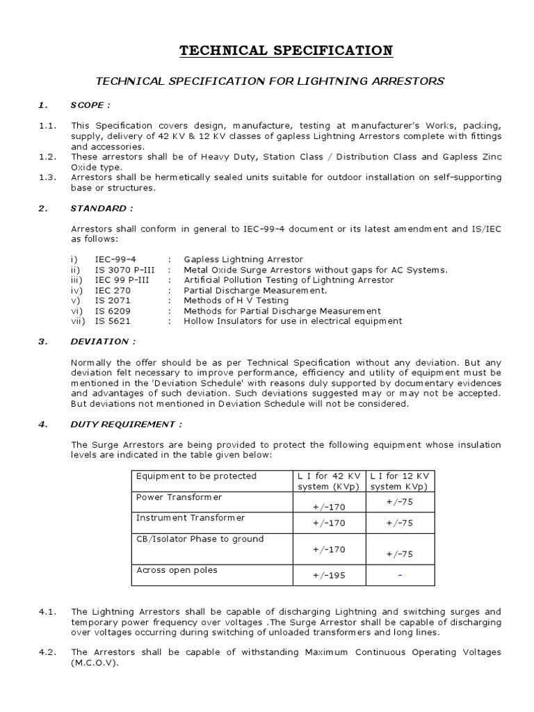Technical Specification For Lightning Arrestors | PDF | Insulator ...
