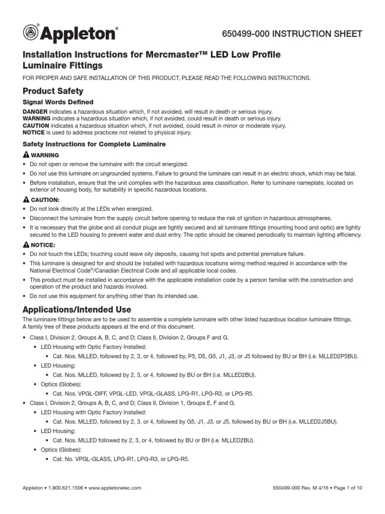 Instruction Sheet Mercmaster Led Low Profile Series Luminaires ...