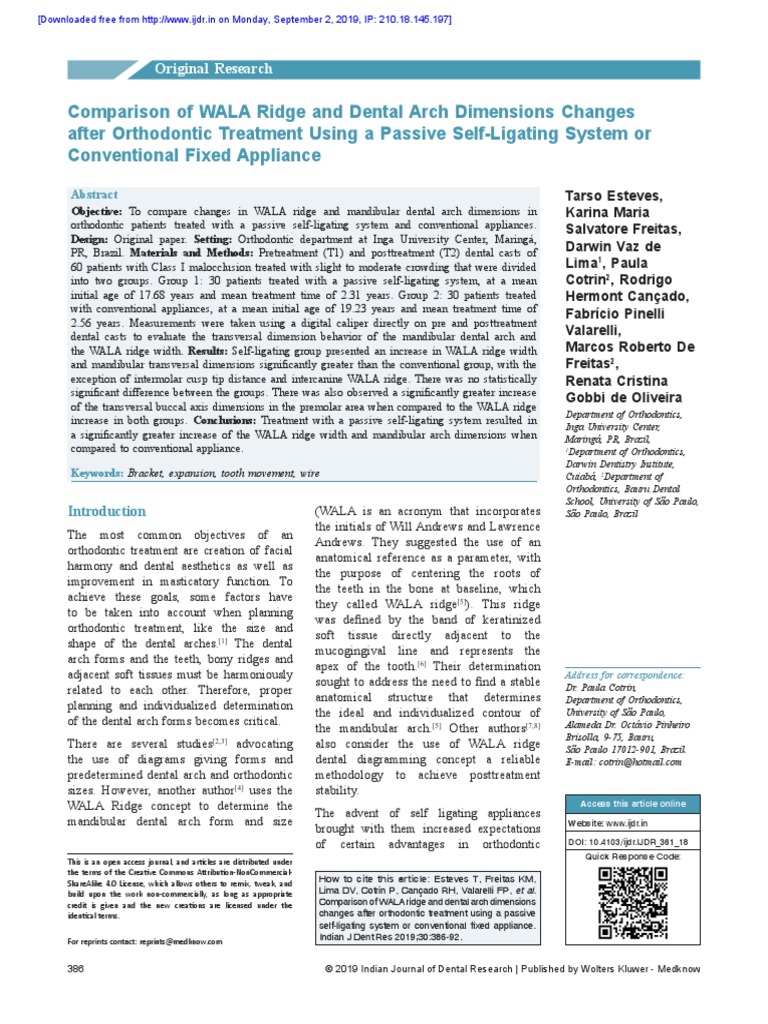 Comparison of WALA Ridge and Dental Arch Dimension | PDF | Orthodontics ...