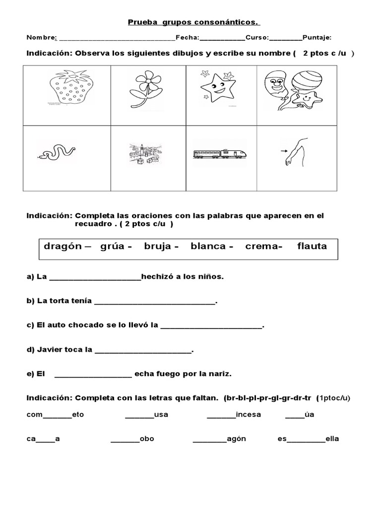 Prueba de Grupos Consonánticos 2º Básico | PDF | Métodos y materiales ...