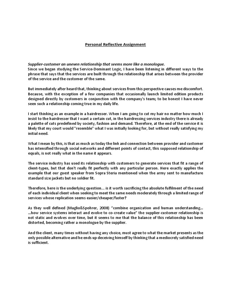Personal Reflective Assignment: Supplier-Customer An Uneven ...