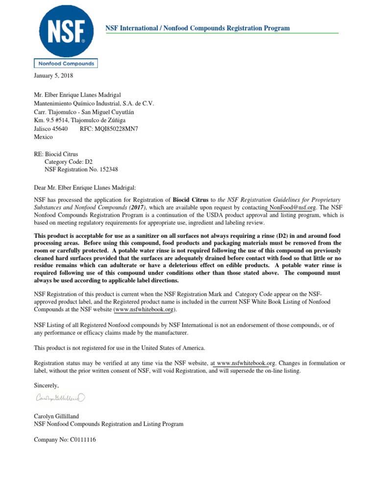 NSF International / Nonfood Compounds Registration Program | PDF