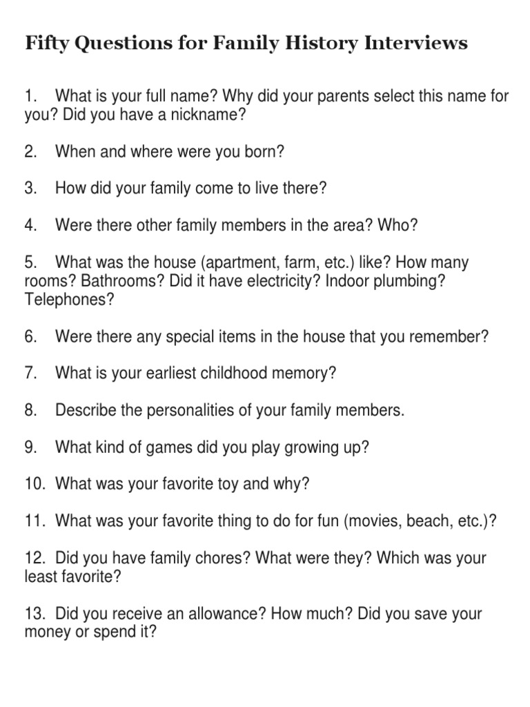 Fifty Questions For Family History Interviews | PDF | Living ...