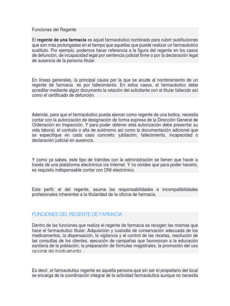Funciones del Regente de Farmacia | PDF | Farmacia | Farmacéutico