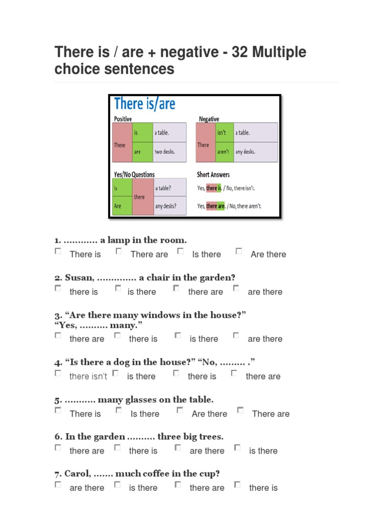 There Is / Are + Negative - 32 Multiple Choice Sentences | PDF