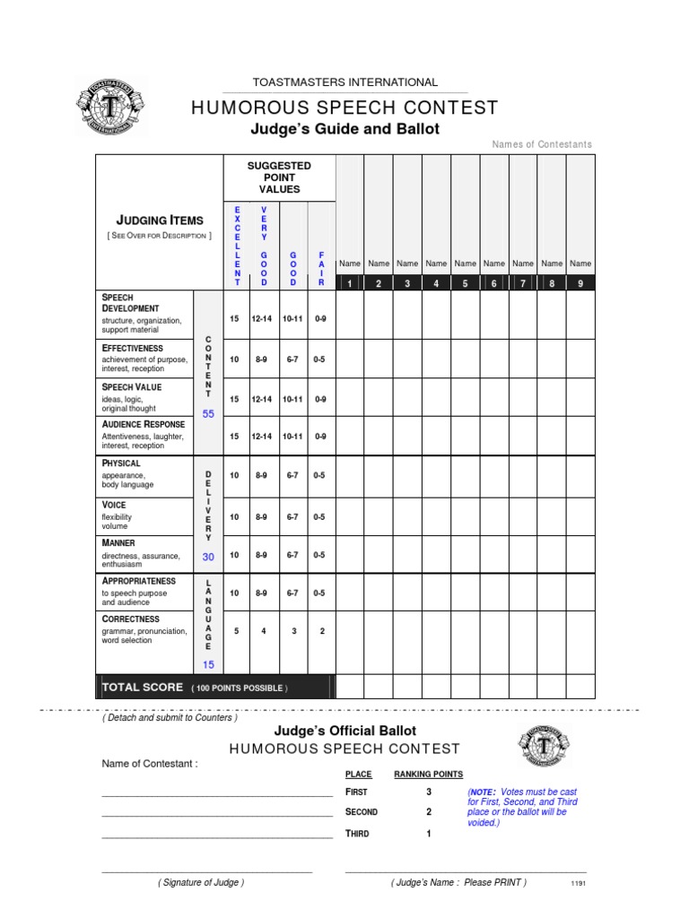 Humorous Speech Contest: Judge's Guide and Ballot | PDF | Speech ...