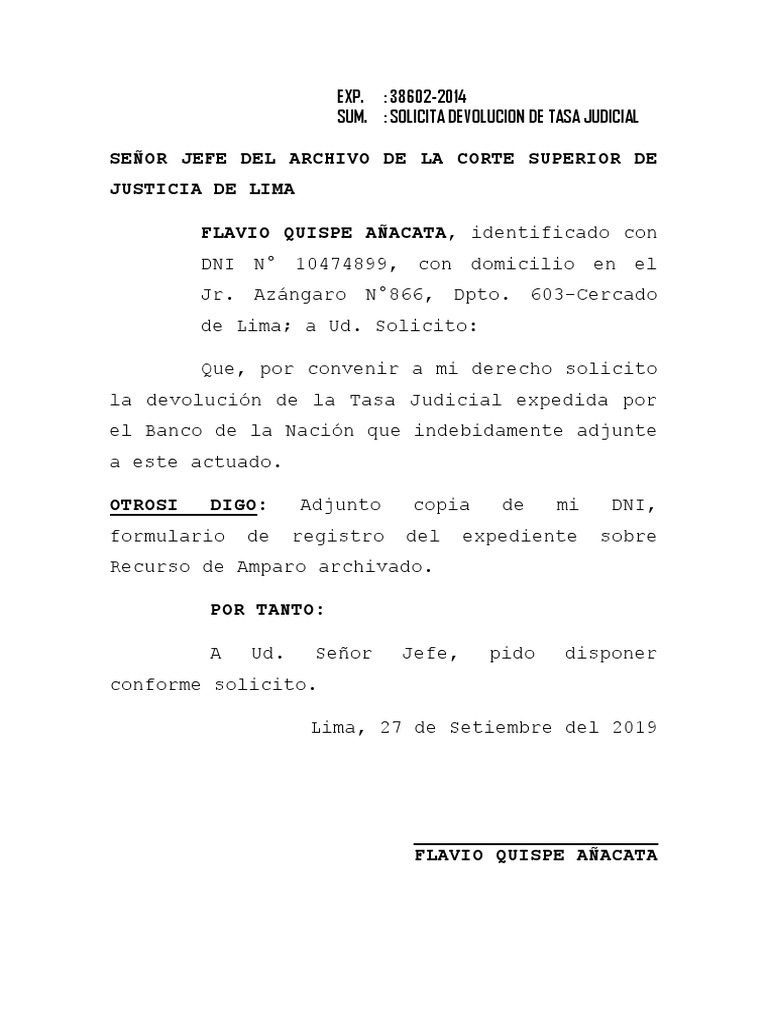 Solicita Devolucion de Tasa Judicial | PDF