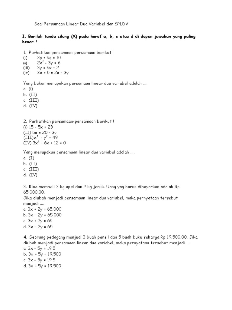 Soal Sistem Persamaan Linear Dua Variabel | PDF