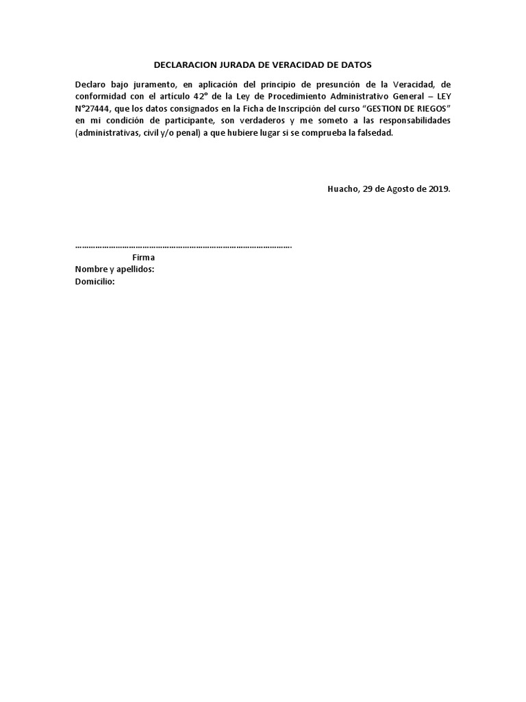 Declaracion Jurada de Veracidad de Datos | PDF