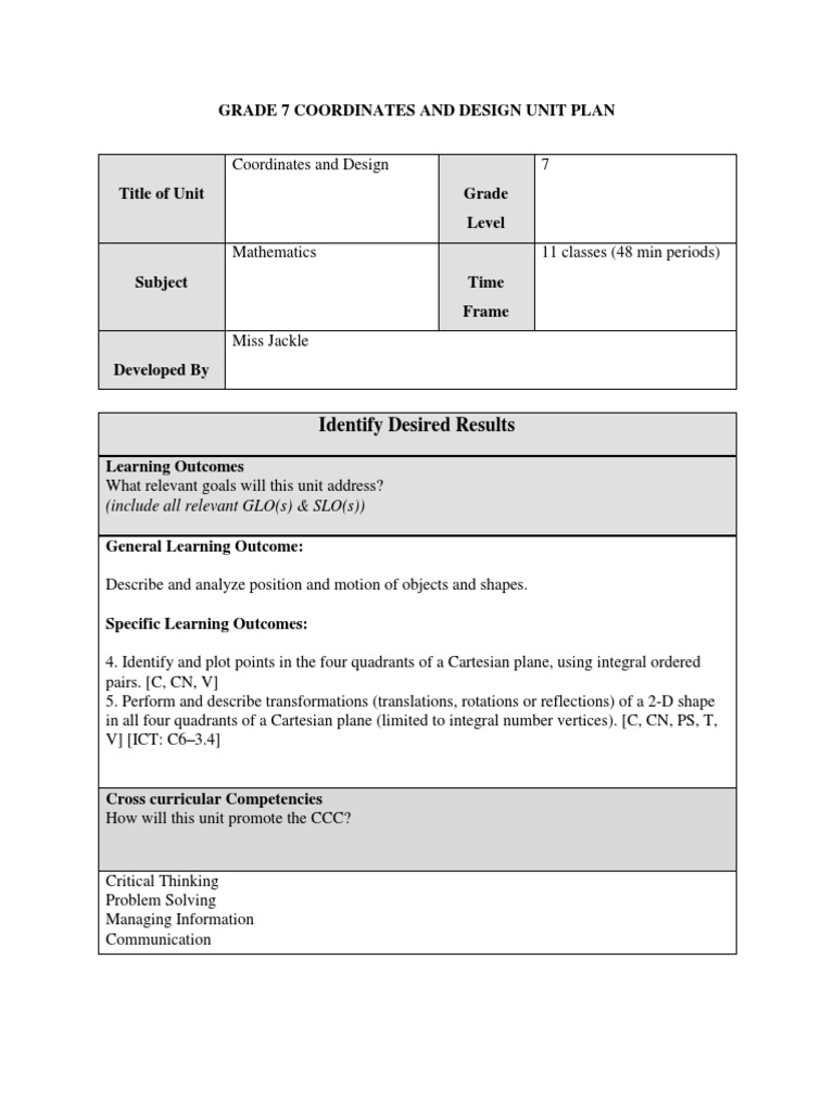 Grade 7 Coordinates and Design Unit Plan | PDF | Cartesian Coordinate ...