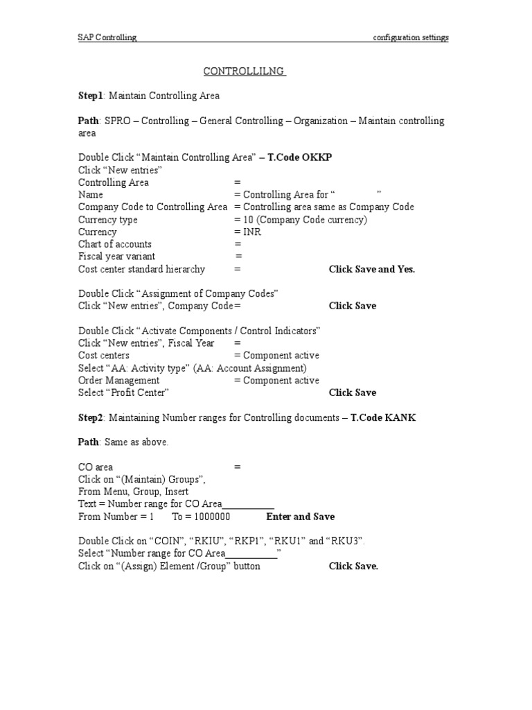 Sap Controlling Configuration Settings | PDF | Cost | Menu (Computing)