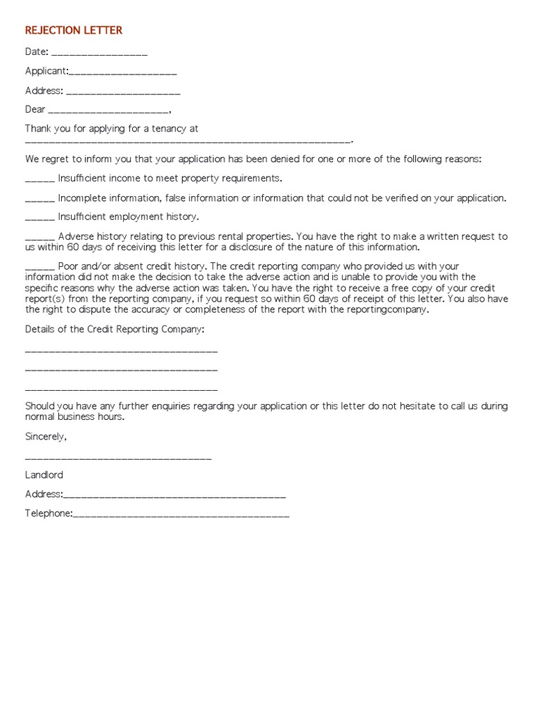 Rejection Letter For Rental Applications | PDF