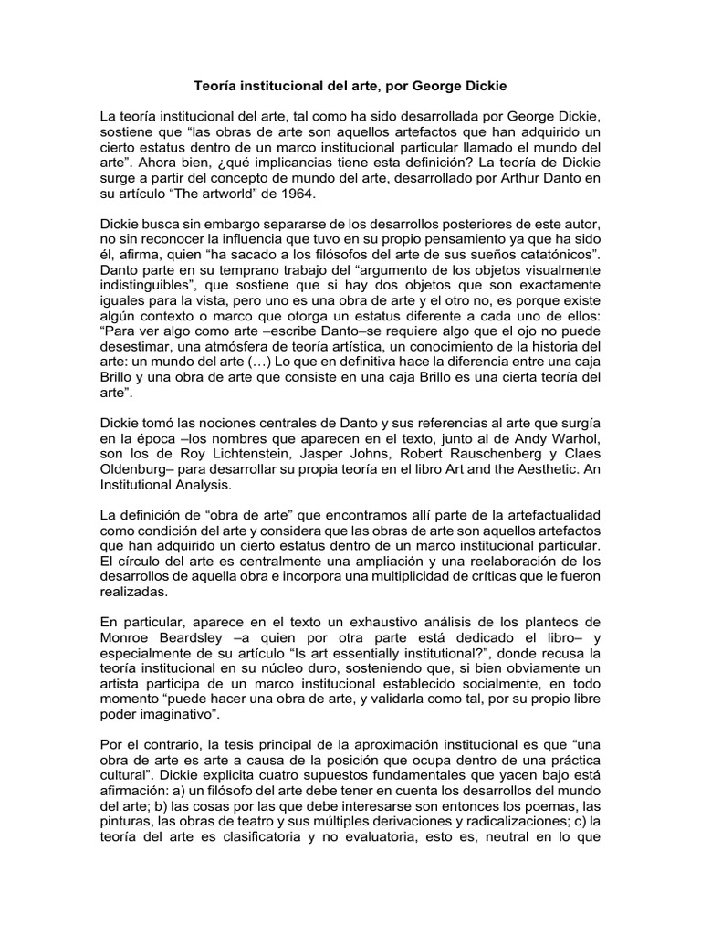 Teoría Institucional Del Arte, Por George Dickie | PDF | Estética | Teoría