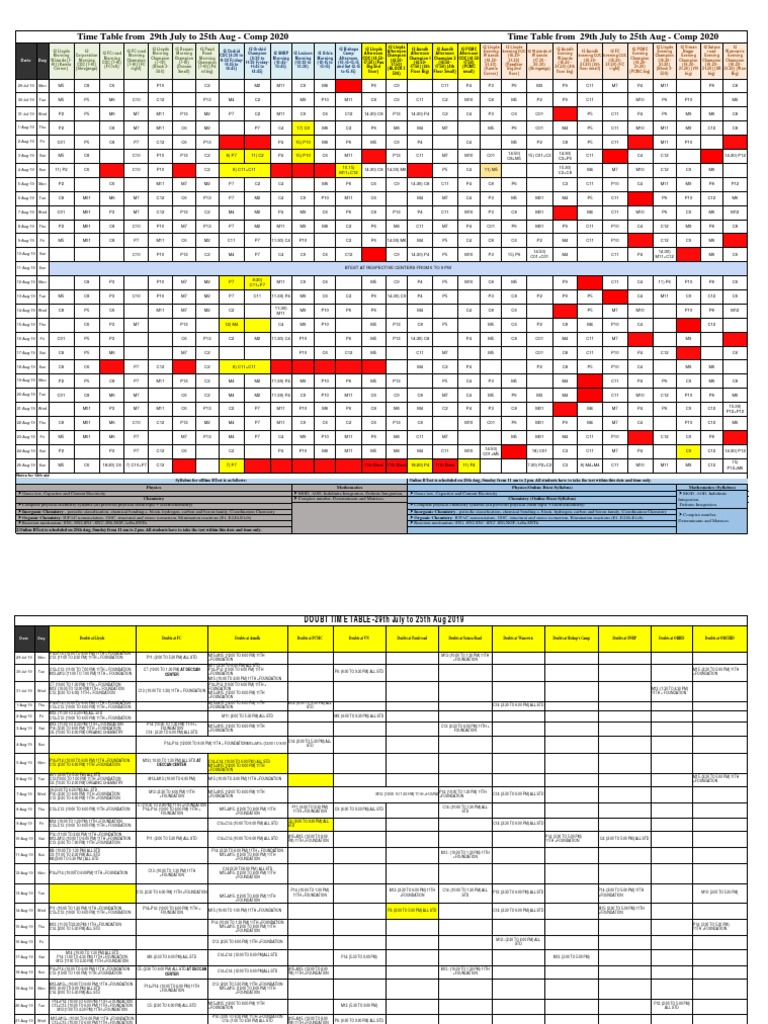 Time Table From 29th July To 25th Aug - Comp 2020 Time Table From 29th ...