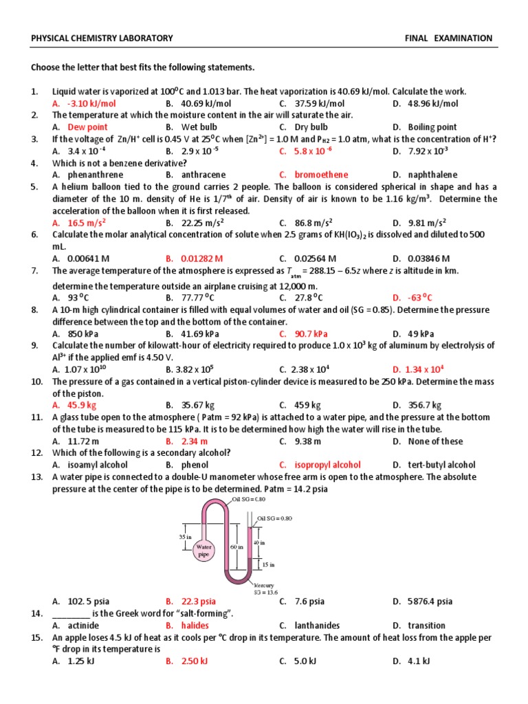 Analysis of Physical Chemistry Laboratory Final Examination | PDF ...