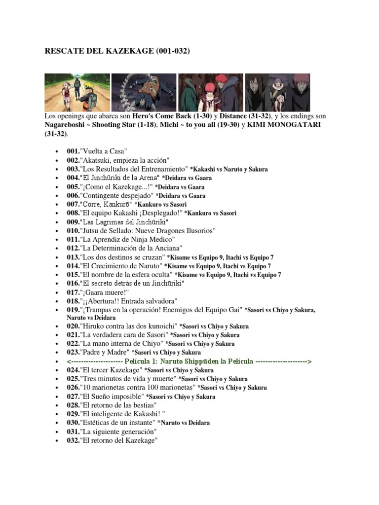 Lista de capítulos de Naruto y Shippuden | PDF | Serie anime | Ninja