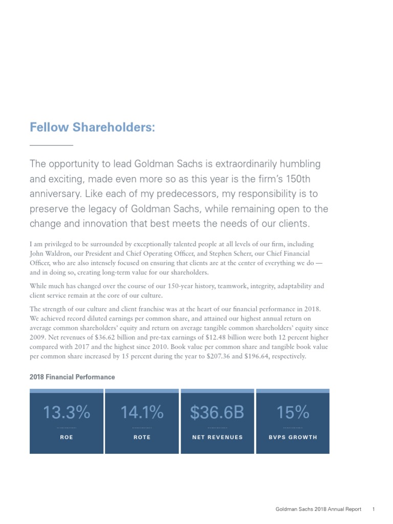 Letter To Shareholders 2018 | PDF | Investment Banking | Goldman Sachs