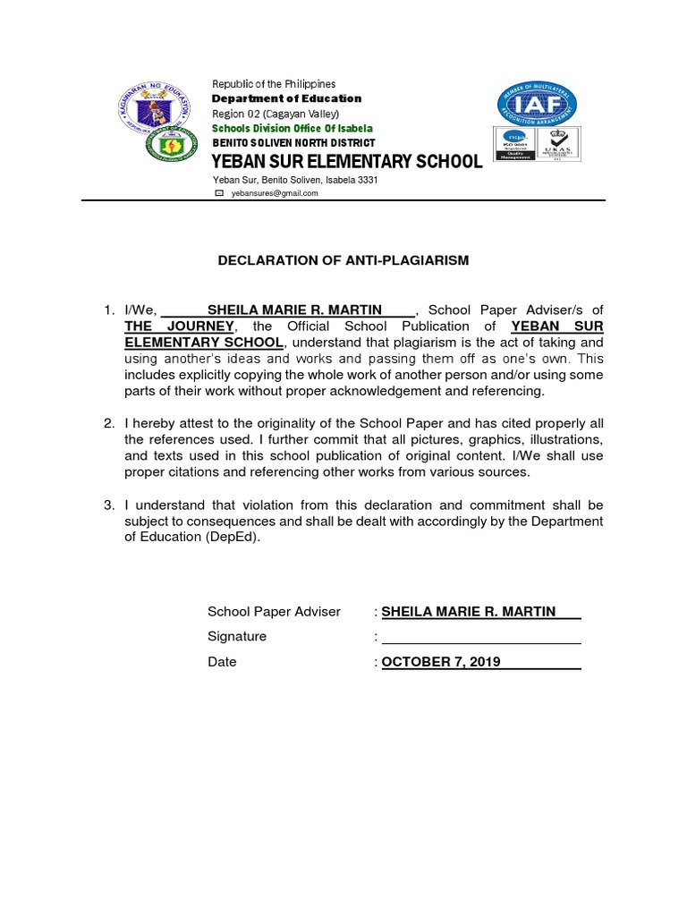 Declaration of Anti Plagiarism Circulation Yses | PDF