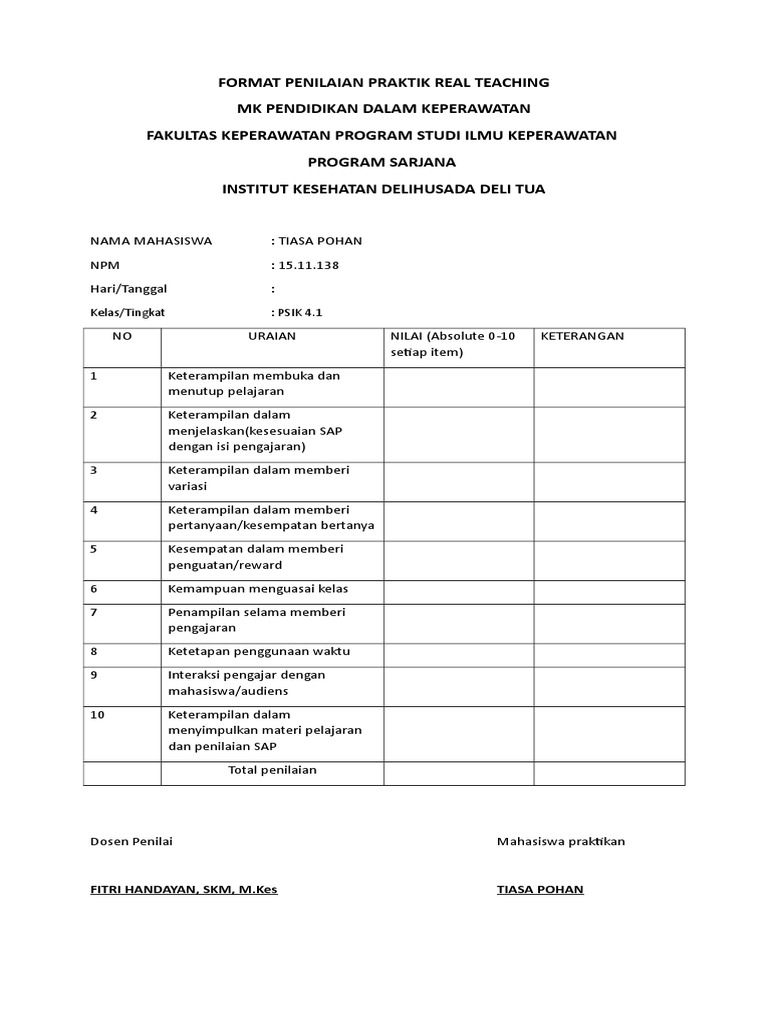 Format Penilaian Praktik Real Teaching | PDF | Karier & Perkembangan