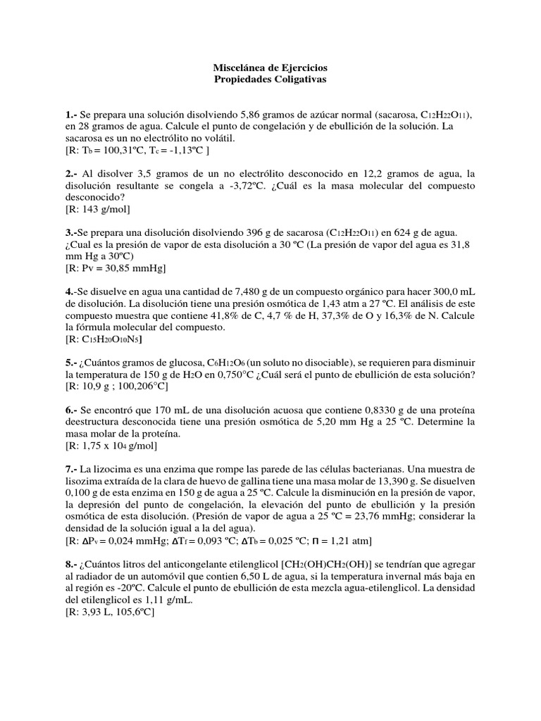 Miscelanea de Ejercicios Propiedades Coligativas | PDF | Agua | Compuestos químicos