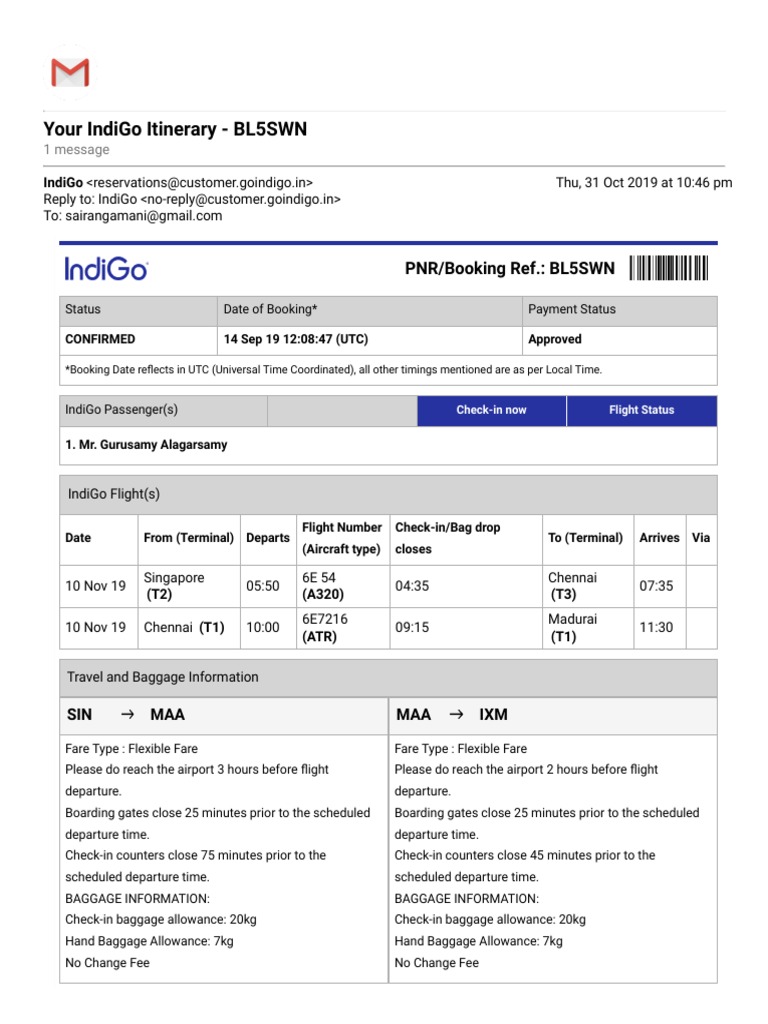 Your Indigo Itinerary - Bl5Swn | Download Free PDF | Baggage | Aviation