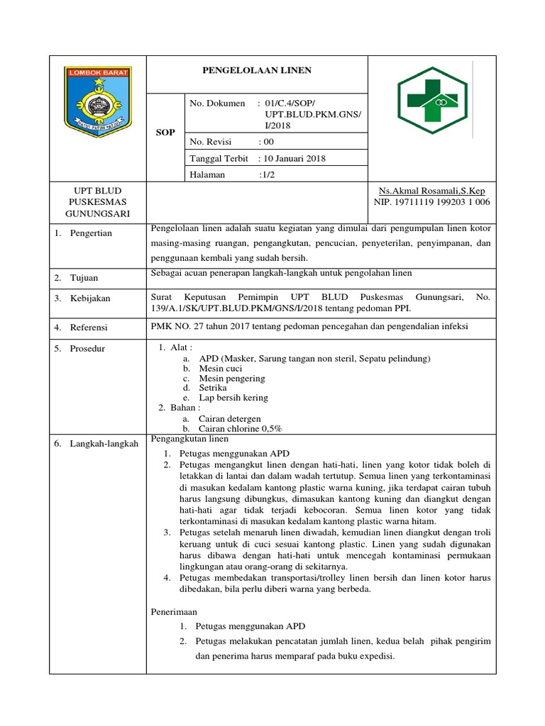 Sop Pengelolaan Linen | PDF