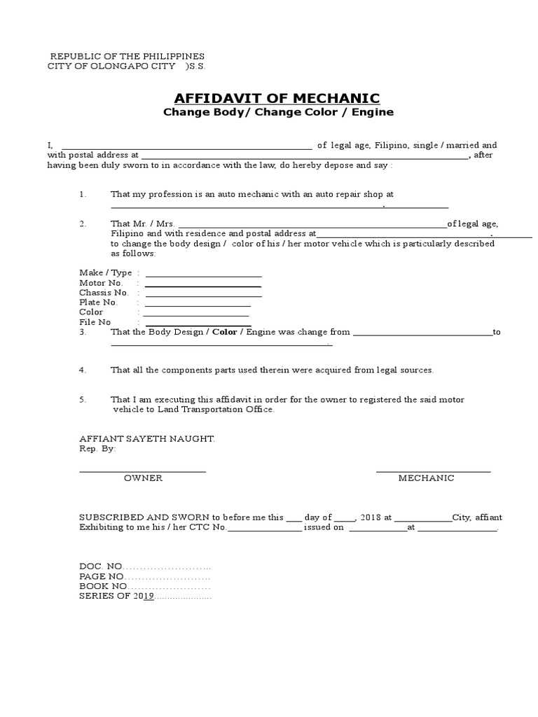 Affidavit of Mechanic: Change Body/ Change Color / Engine | PDF