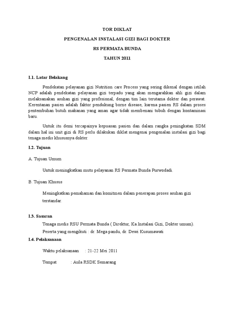 Tor Diklat Pengenalan Gizi | PDF