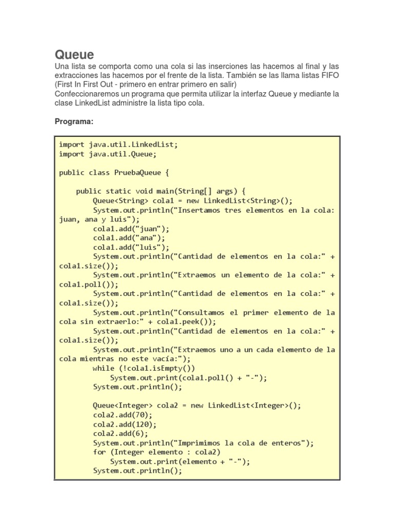 Queue | PDF | Cola (tipo de datos abstractos) | Algoritmos y ...