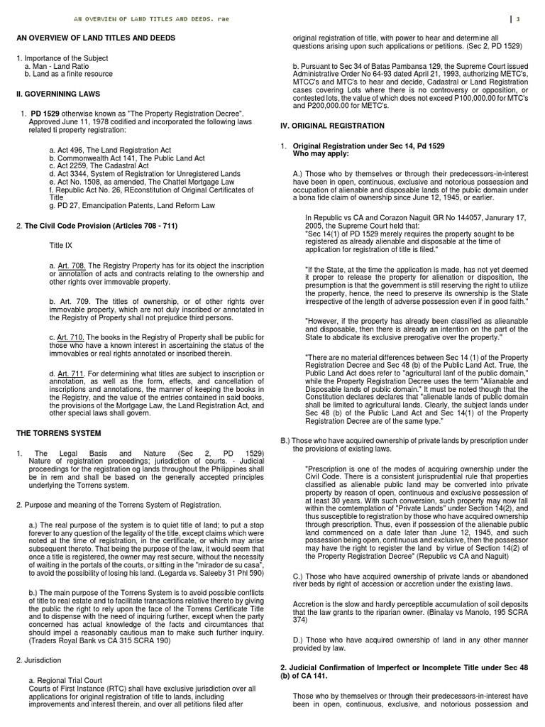An Overview of Land Titles and Deeds | PDF | Real Property | Mortgage Law