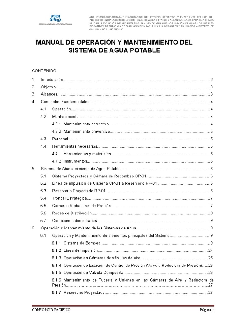 Manual De Operación Y Mantenimiento Del Sistema De Agua Potable | Bomba | Tornillo